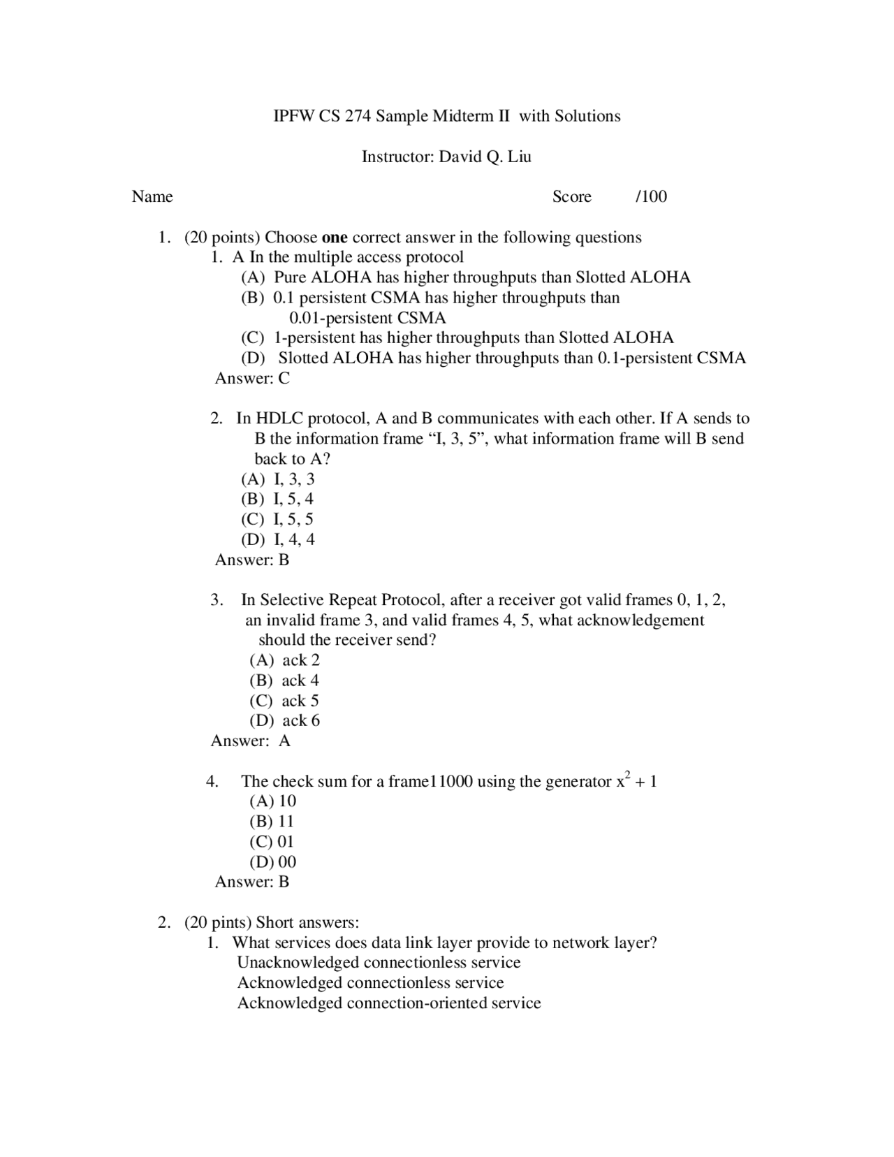 6 Problems With Solutions Data Communications Midterm Examination