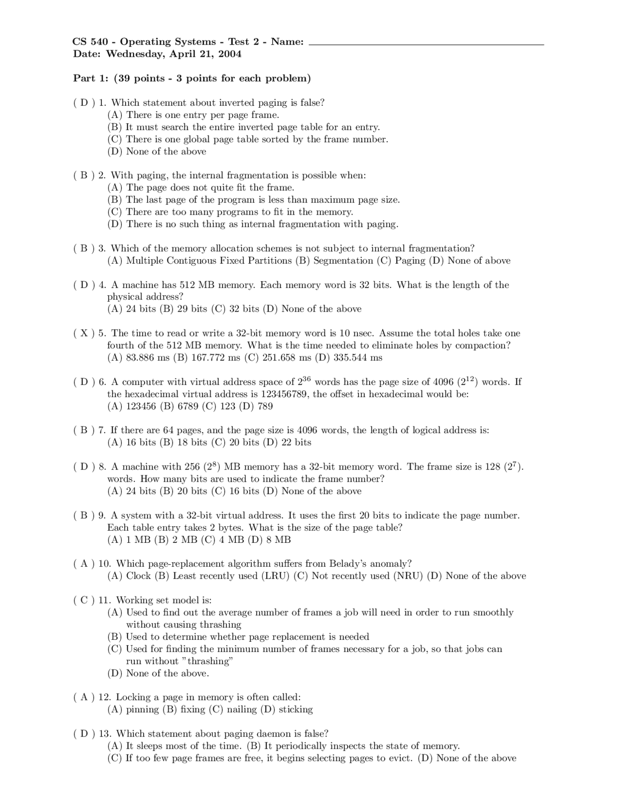 20 Questions In Exam 2 On Operating Systems Cs 540 Docsity