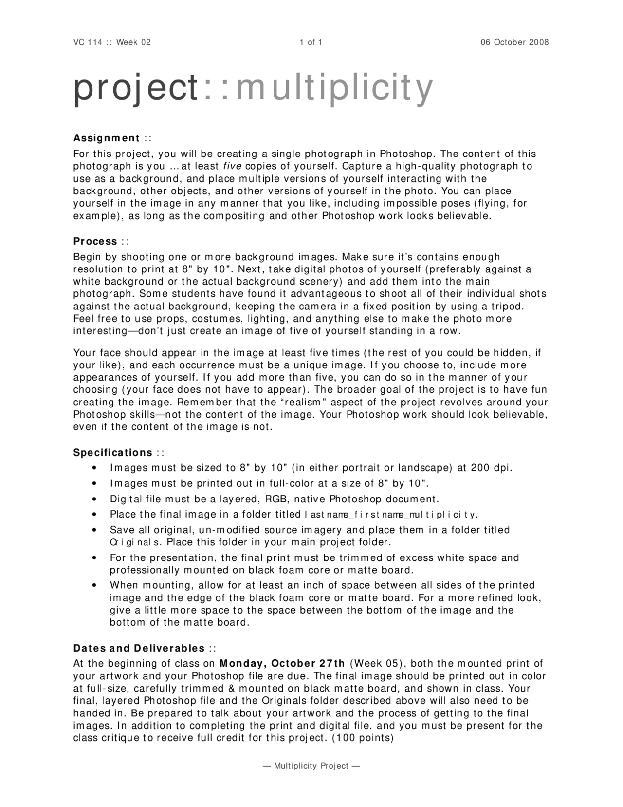 Multiplicity Project Introduction To Digital Graphics Vc 114 Docsity