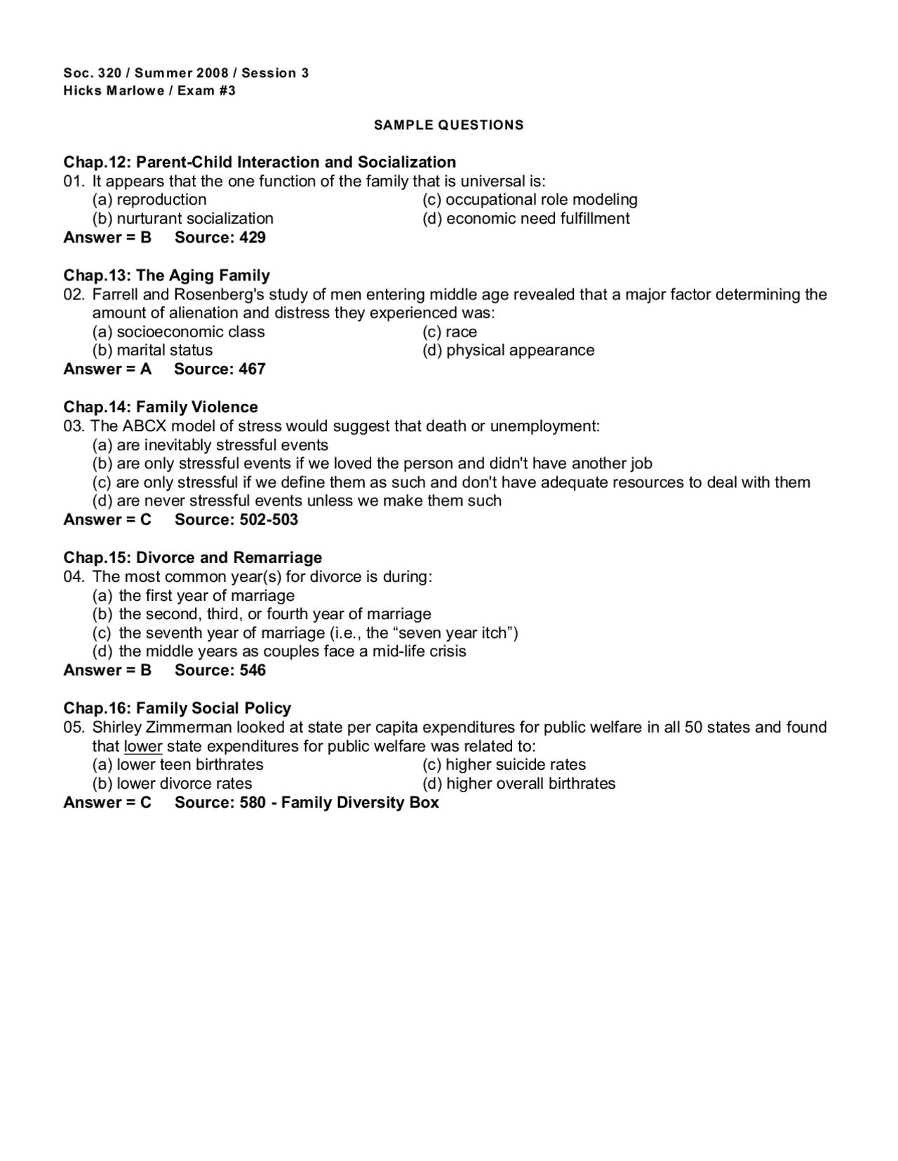 Sample Questions for Exam 3 | The Family | SOC 320 - Docsity