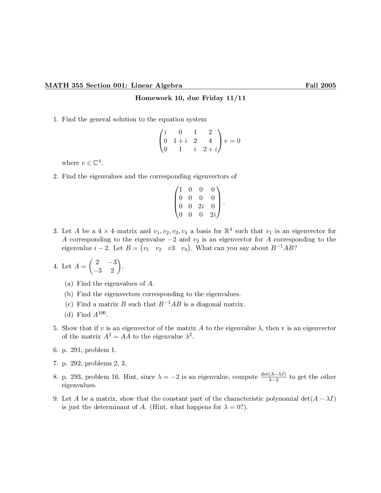 9 Questions In Homework 10 Linear Algebra Math 355 Assignments