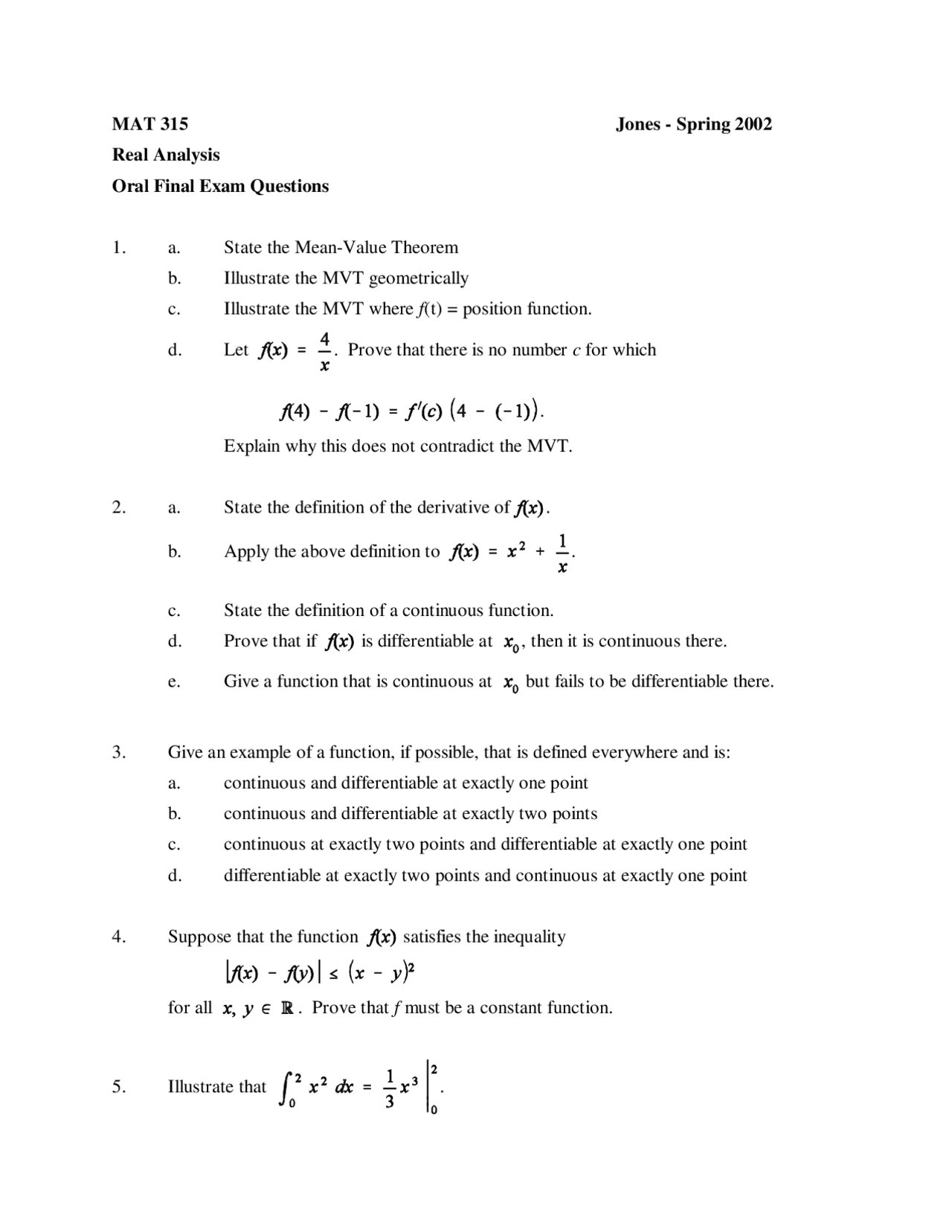 Real Analysis Oral Final Exam Questions Mat 315 Docsity