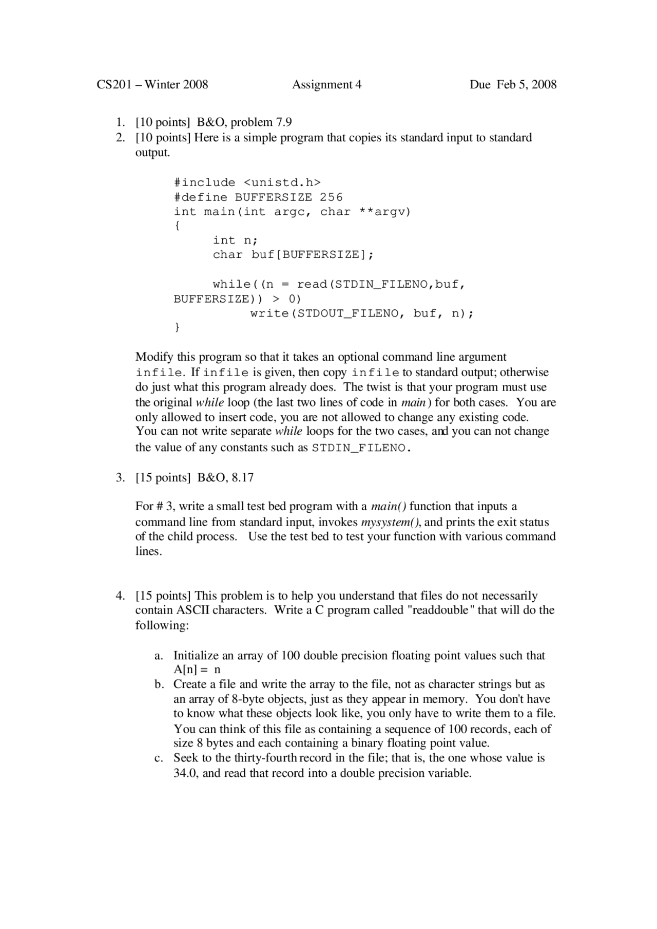 CS201 Winter 2008 Assignment 4: File I/O and Command Line Arguments in C | Assignments Computer ...