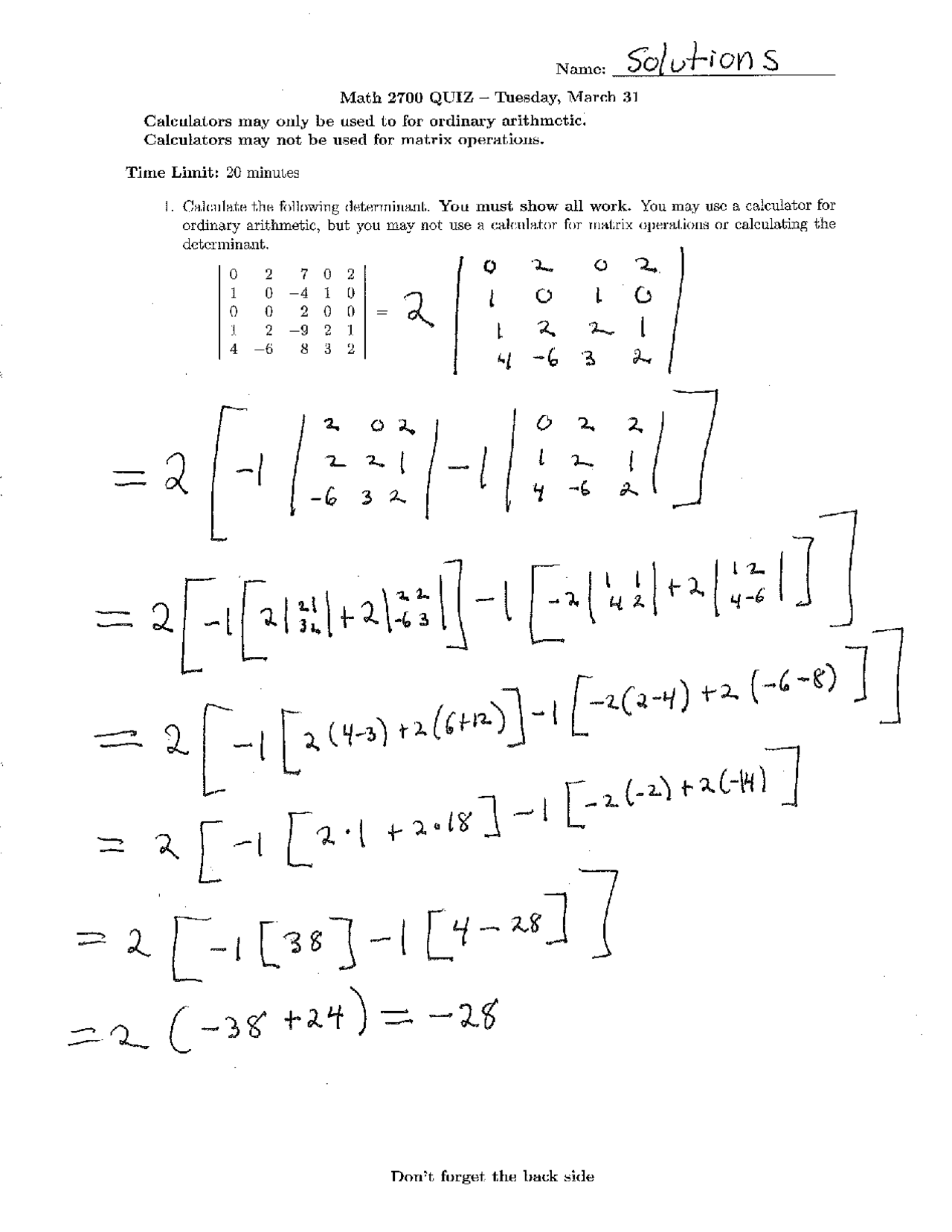 Quiz With Solution For Linear Algebra And Vector Geometry Math 2700