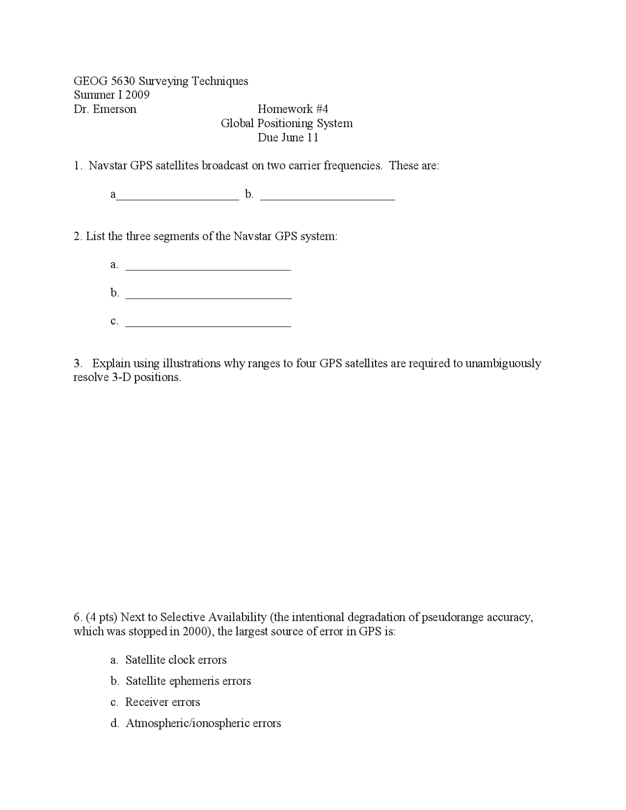 Global Positioning System Homework 4 Geog 5630 Docsity