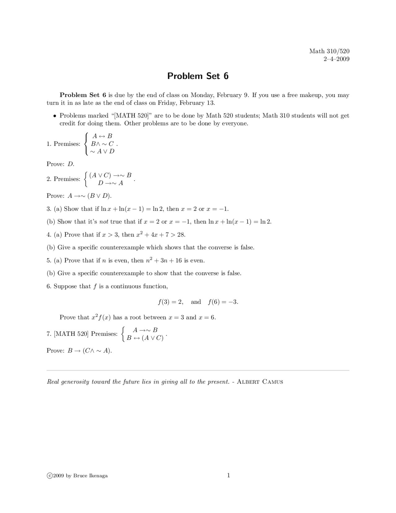 Introduction To Mathematical Proof Problem Set 6 Math 310 Docsity
