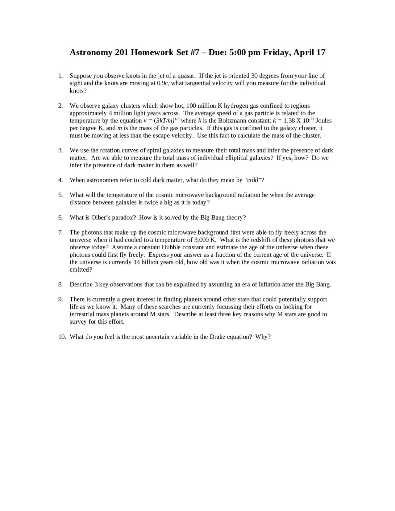 Homework 7 For Stars Galaxies And The Universe Astr 201 Docsity