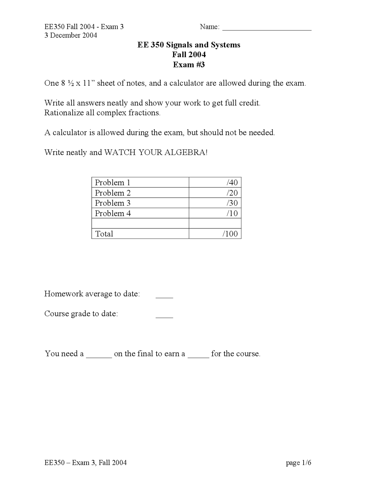 Practice Exam 3 Fall 2004 Signals And Systems Ece 350 Docsity