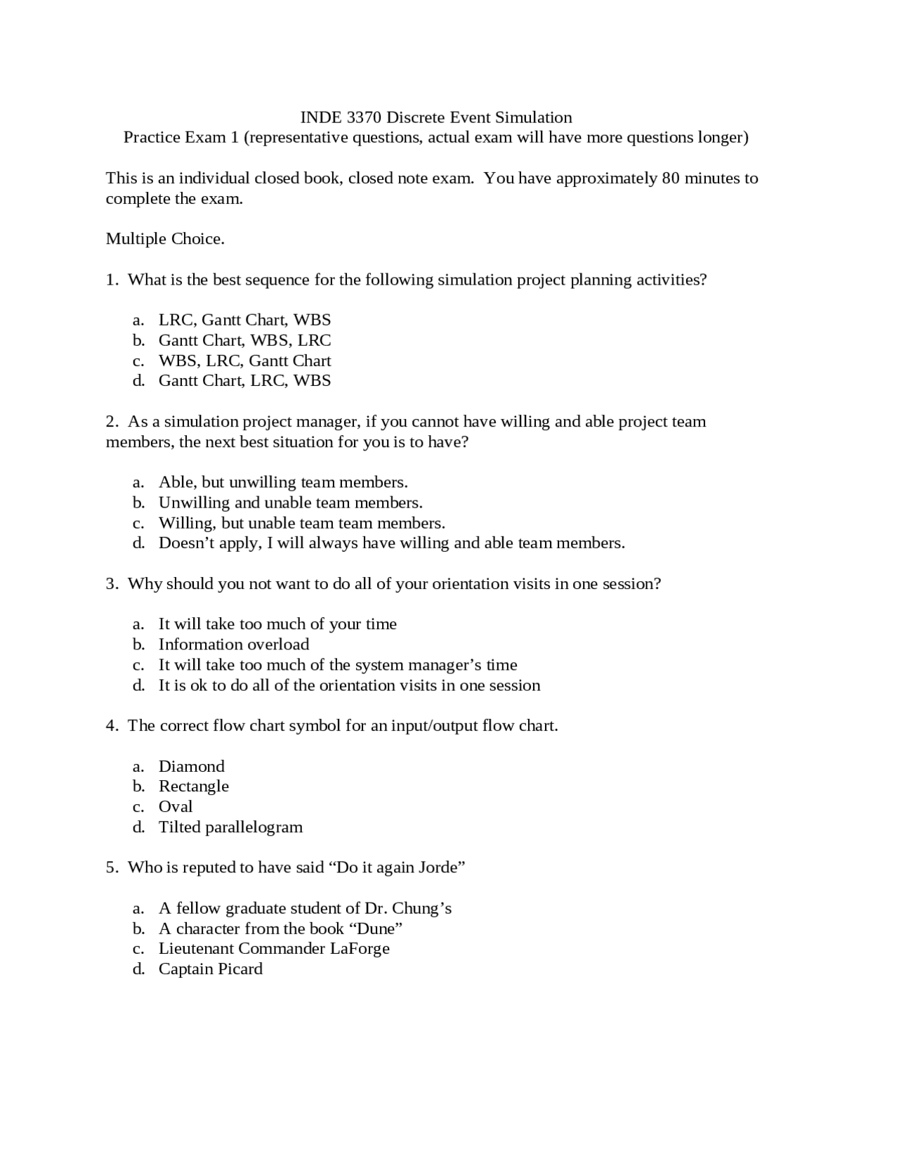 Practice Exam 1 Discrete Event Simulation Inde 3370 Docsity
