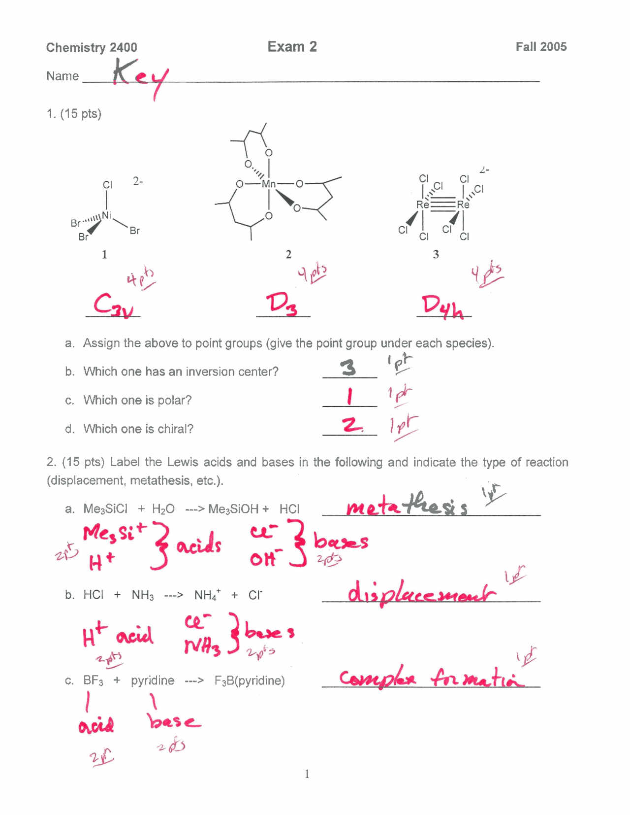 Exam 2 With Answer Key Fundamentals Of Inorganic Chemistry Chem