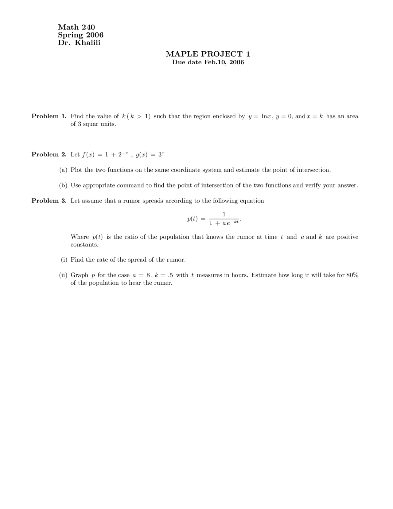 Maple Project 1 Intermediate Calculus Math 240 Docsity