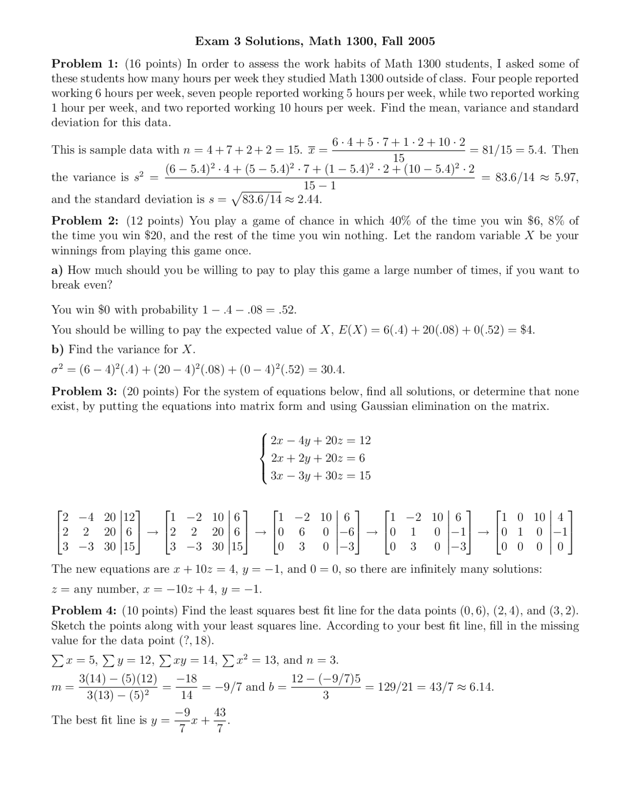 Finite Mathematics Exam 3 Solutions Math 1300 Docsity