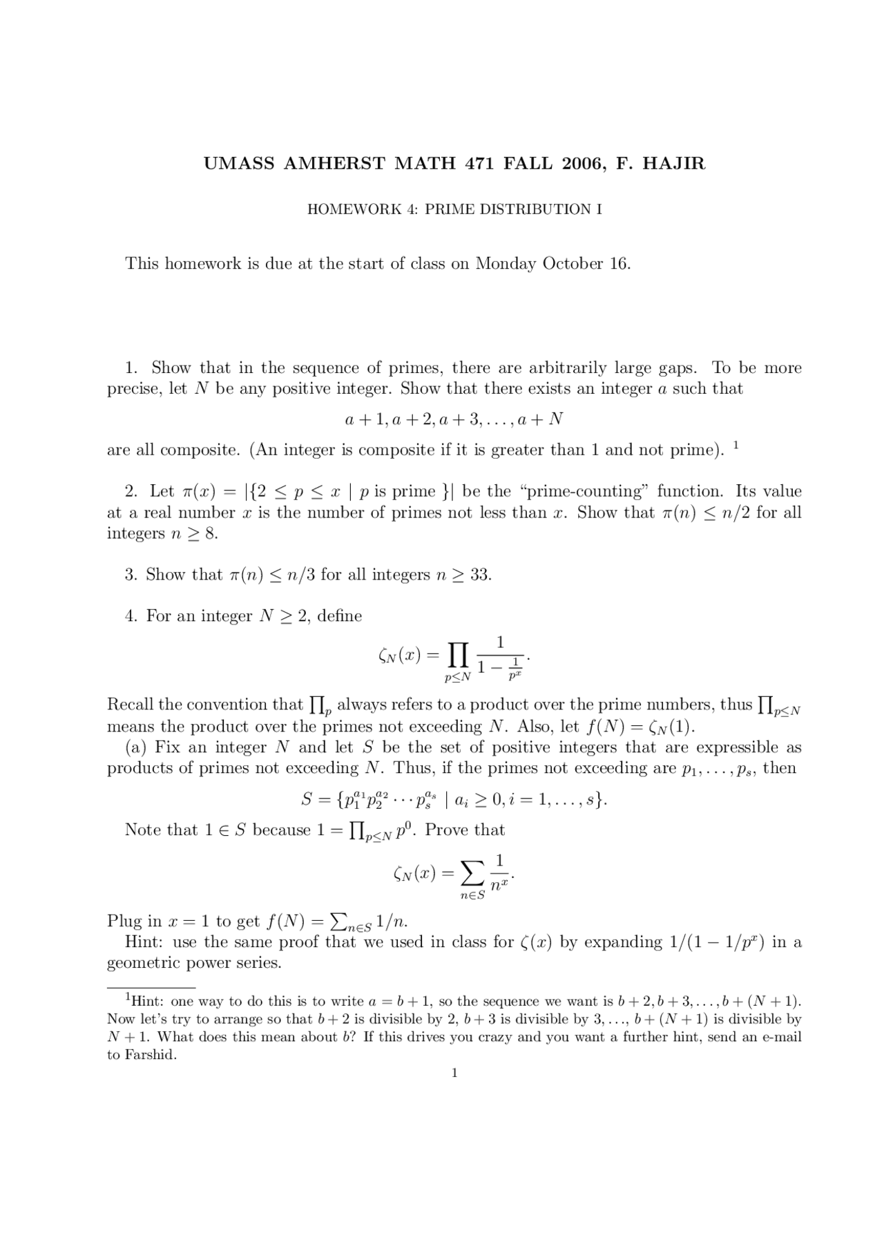 Homework IV: Prime Distribution I | MATH 471 - Docsity