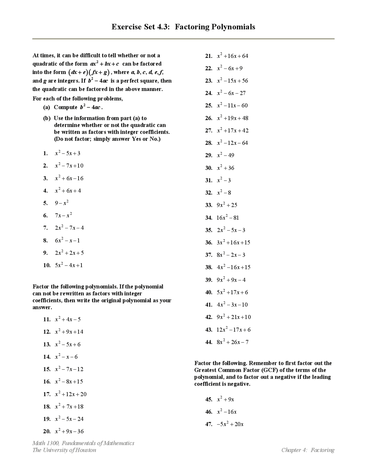 Practice Exercise Set 43 Factoring Polynomials Math 1300 Docsity