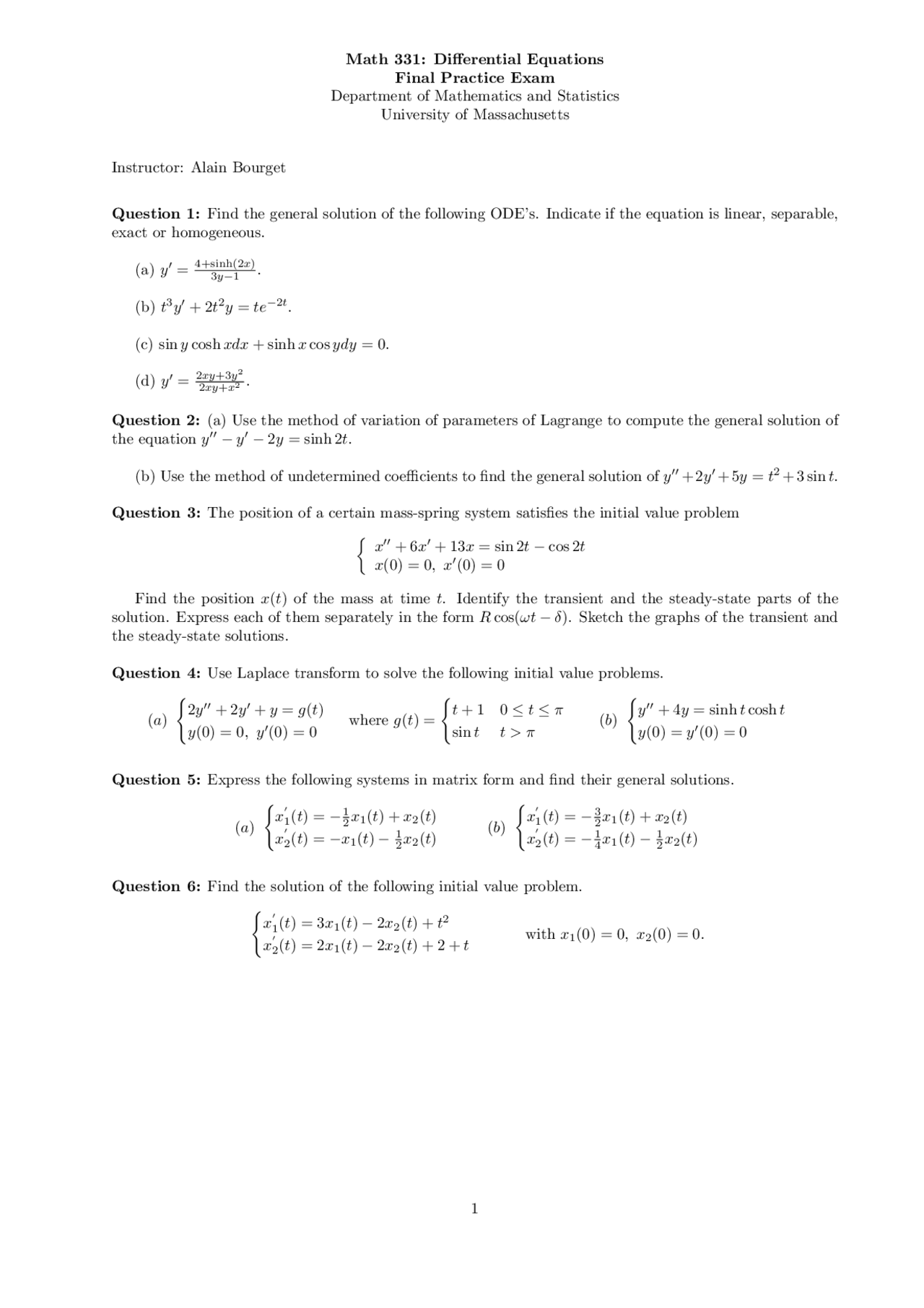 UMass Math 331: Differential Equations Final Practice Exam Solutions ...