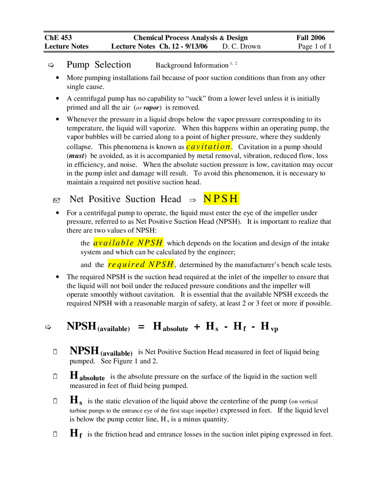 Pump Selection - Chemical Process Analysis and Design I | CHE 453 ...