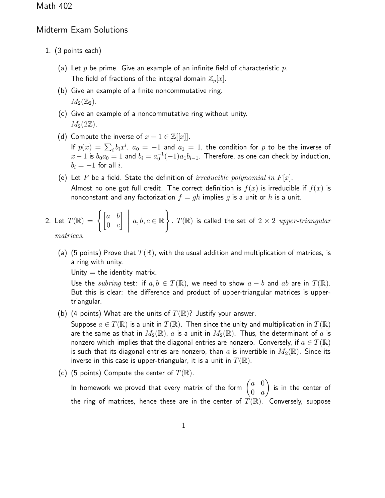 Midterm Exam Solutions Introduction To Abstract Algebra Math 402