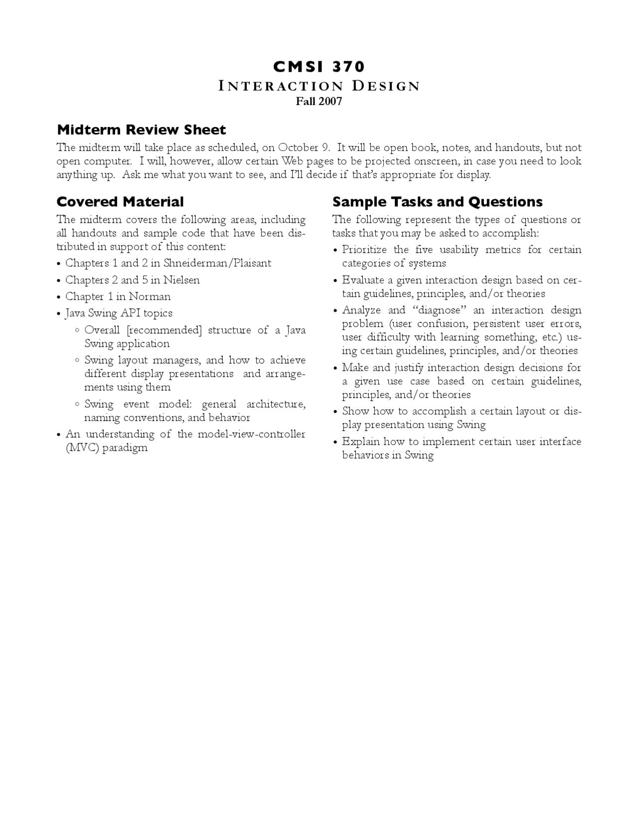 Midterm Exam Review Sheet - Interaction Design | CMSI 370 - Docsity Midterm Exam Review Sheet - Interaction Design | CMSI 370 - Docsity