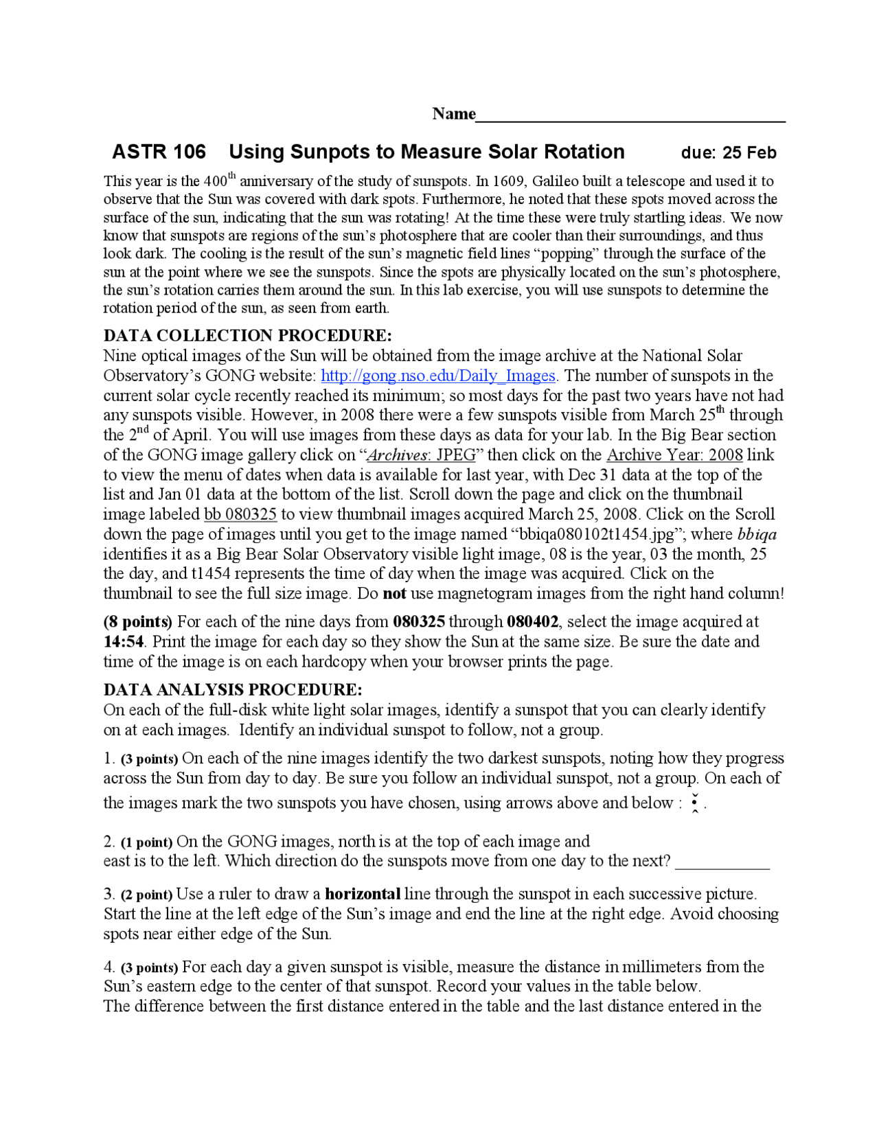 Using Sunspots To Measure Solar Locations Lecture Notes Astr 106