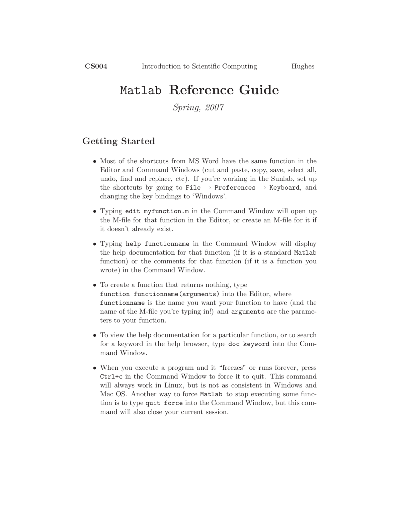 Matlab Reference Guide Scientific Computing And Problem Solving Spring 2007 Csci 0040