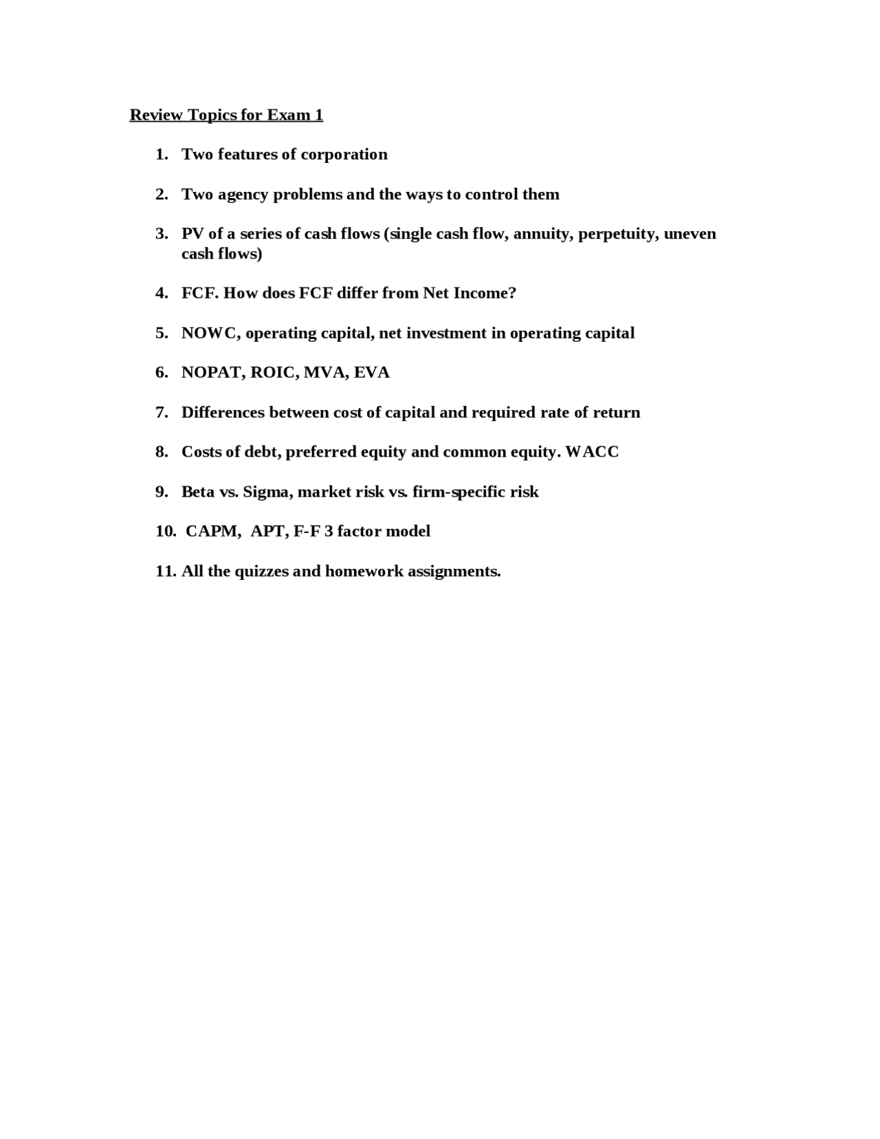 Review Topics For Exam 1 Theory Of Corporate Finance Fin 332 Docsity