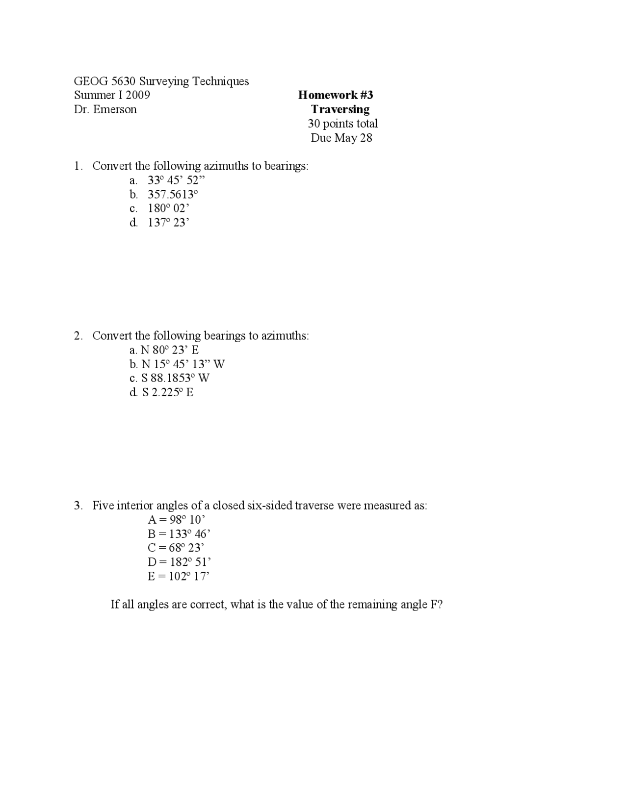 Practice Assignment 3 on Traversing | GEOG 5630 - Docsity