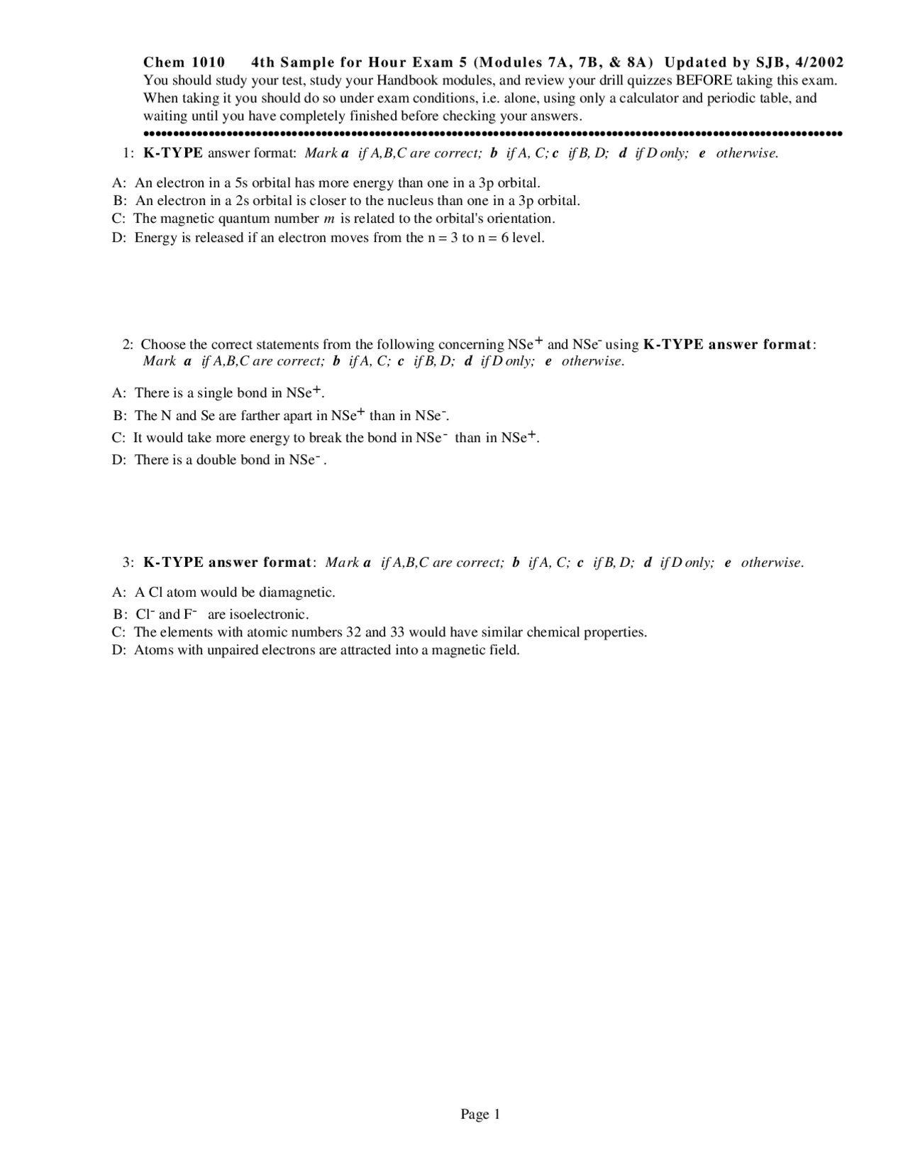 16 Mcqs Exam 5 General Chemistry I Chem 1010 Docsity