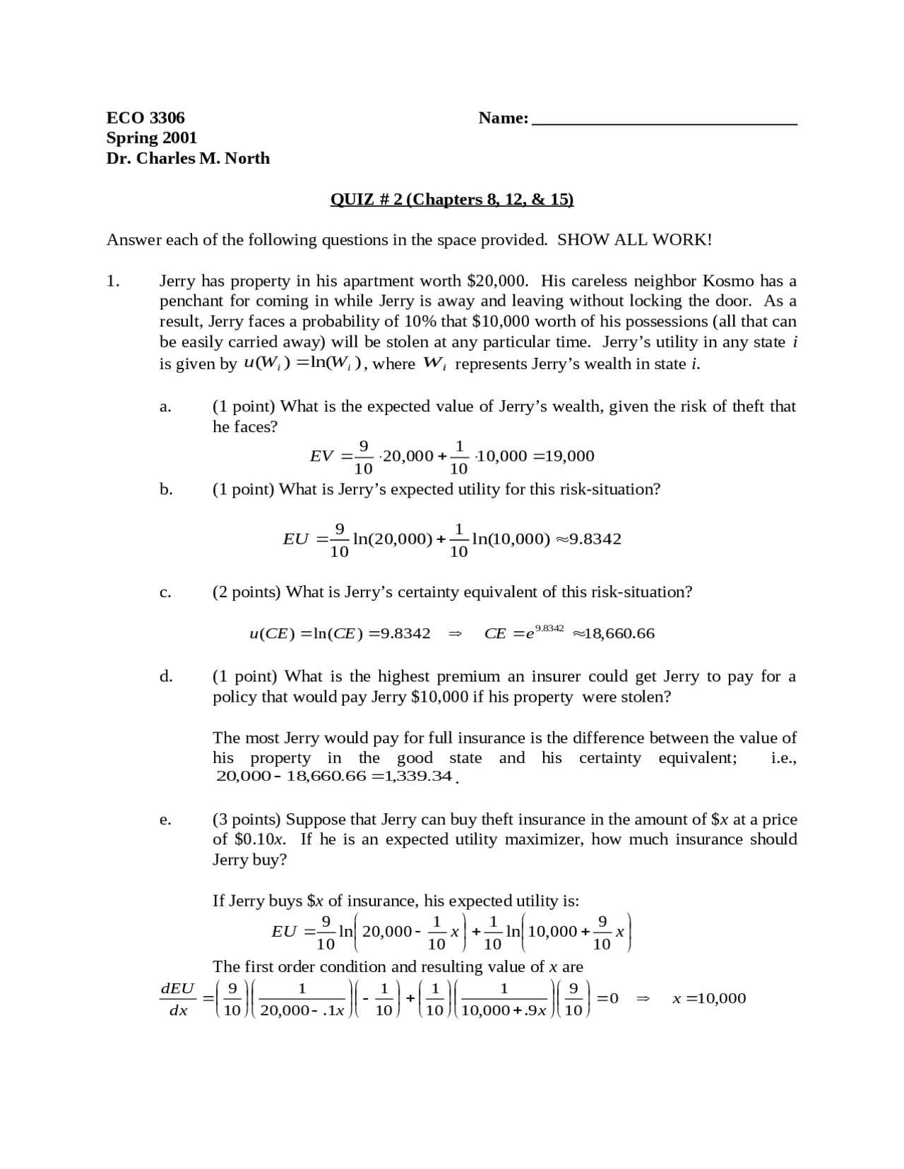 Intermediate Microeconomic Analysis Solved Quiz 2 Eco 3306 Docsity