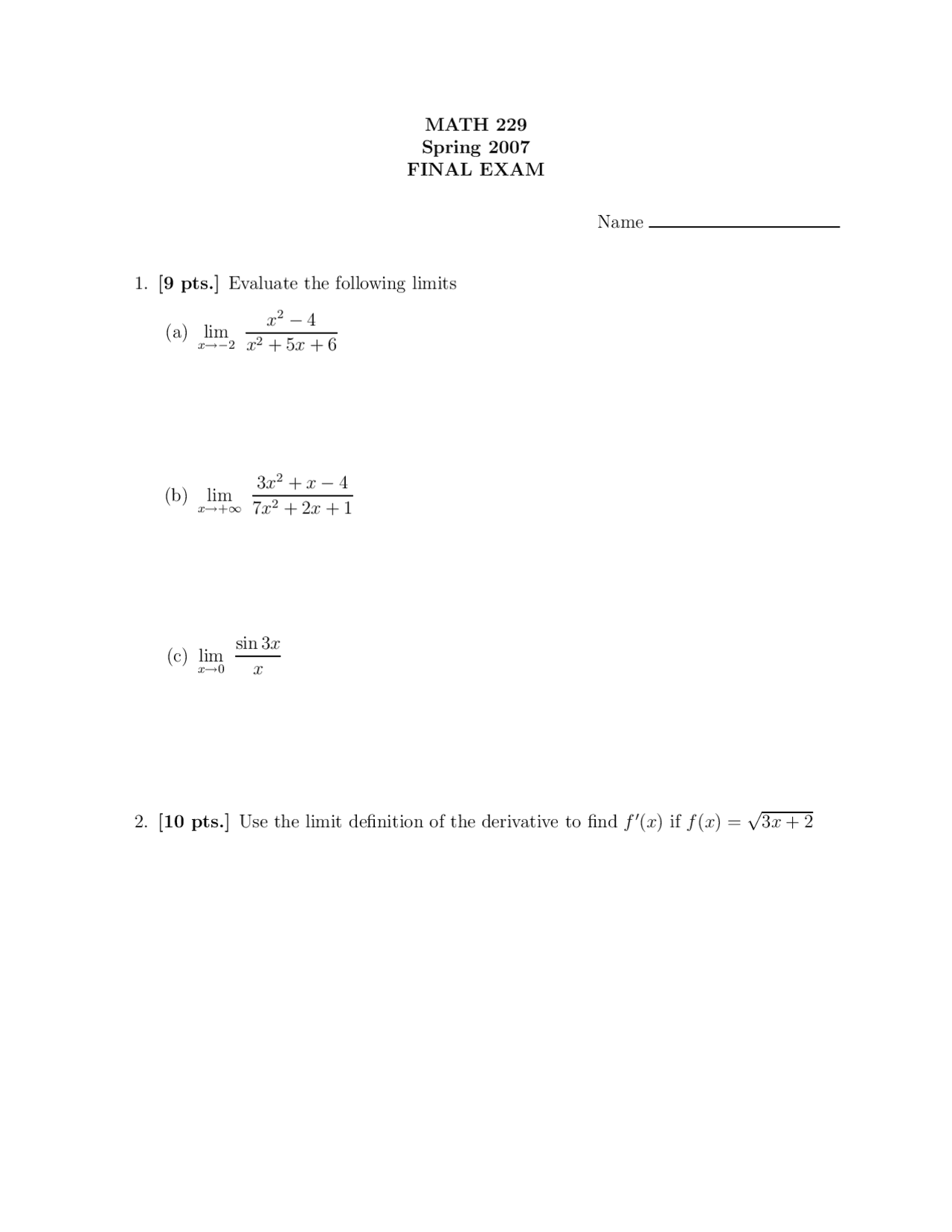 17 Questions for Final Exam - Calculus I | MATH 229 - Docsity