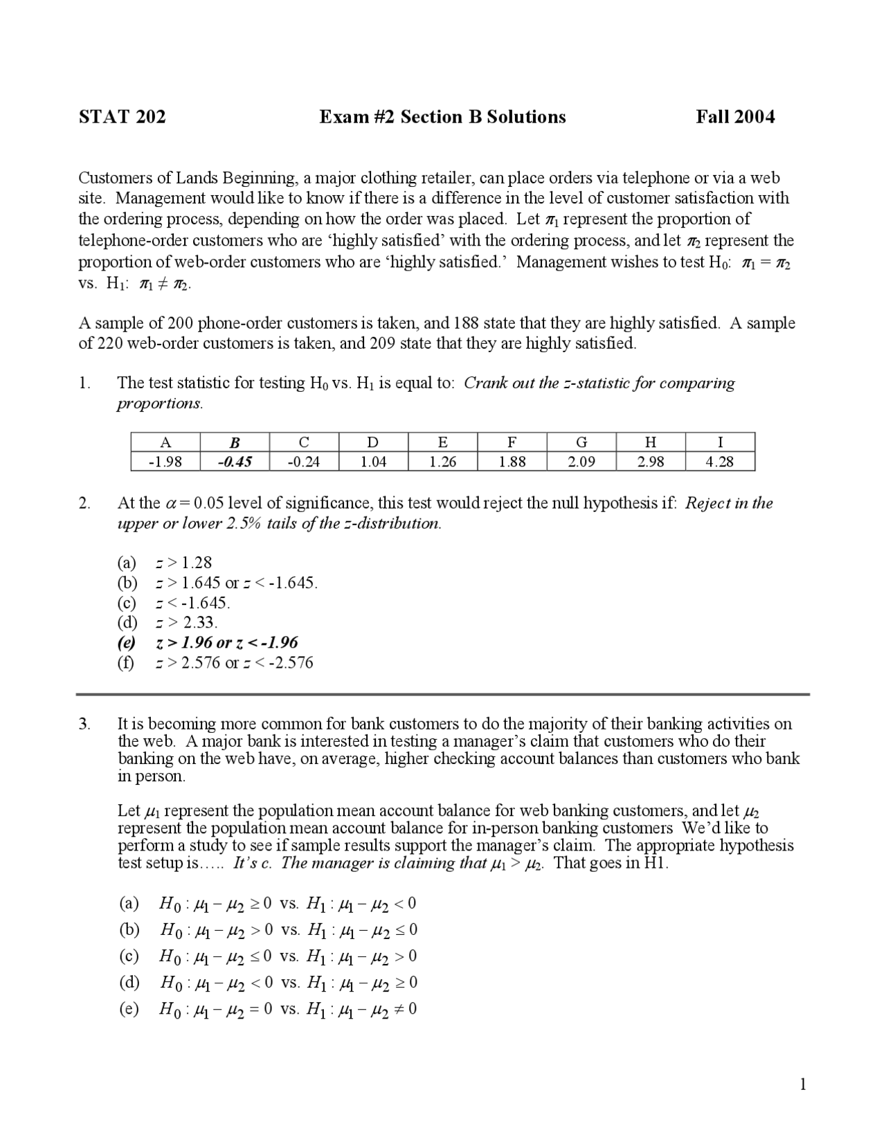 Exam 2b Solutions Business Statistics Ii Stat 202 Docsity