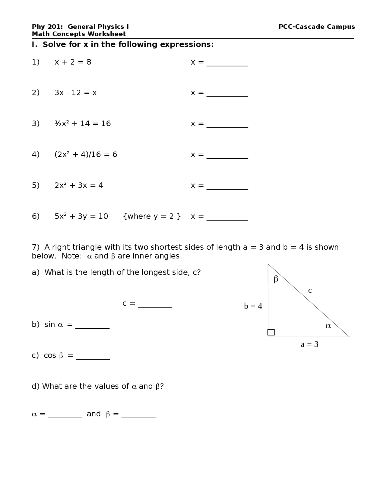 Math Concepts Worksheet General Physics I Phy 201 Docsity
