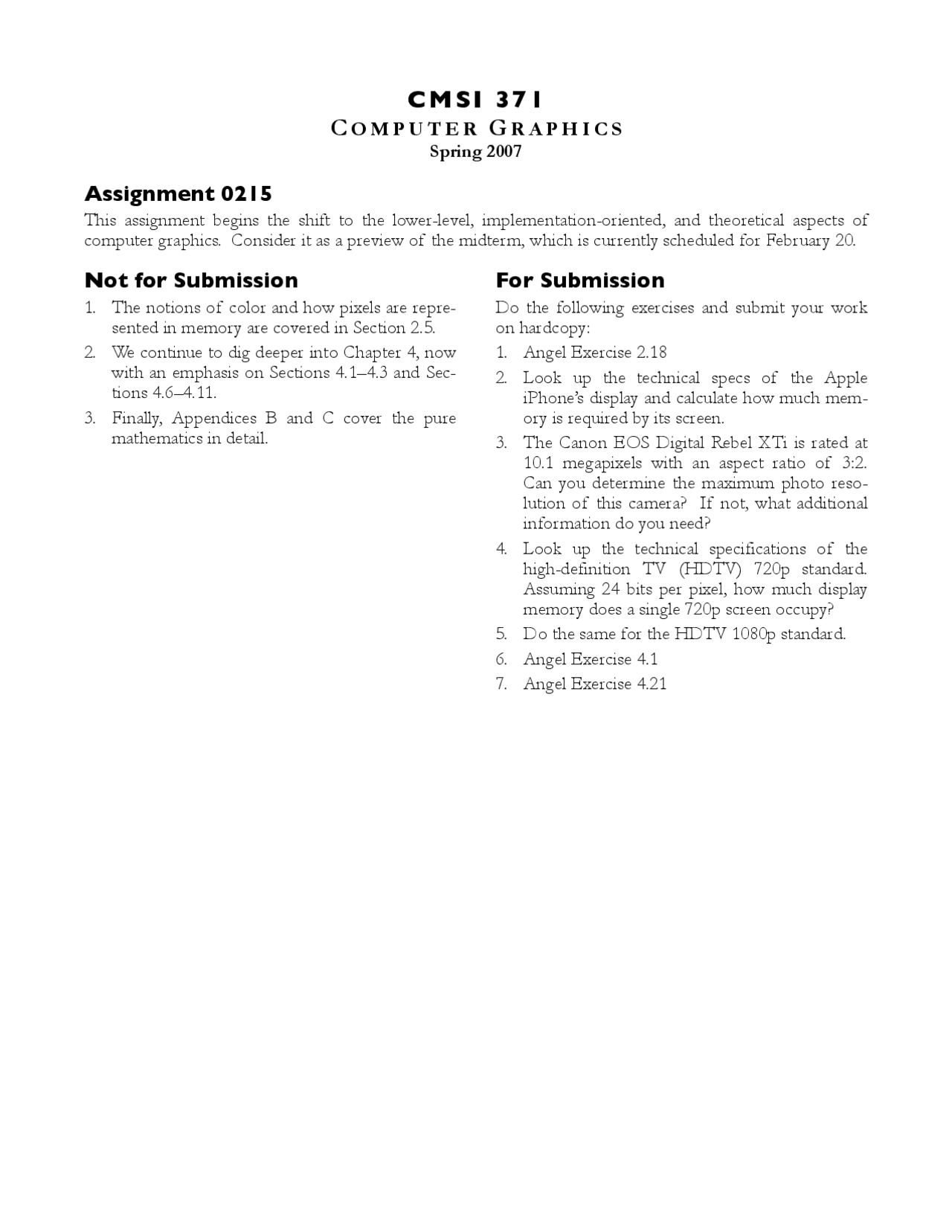 Computer Graphics - Assignment Practice Problems | CMSI 371 - Docsity