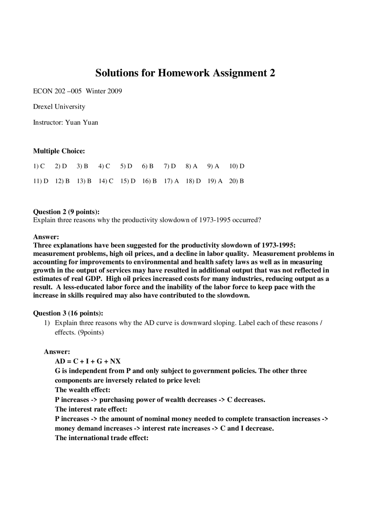 Solutions For Assignment 2 Principles Of Macroeconomics Econ 202