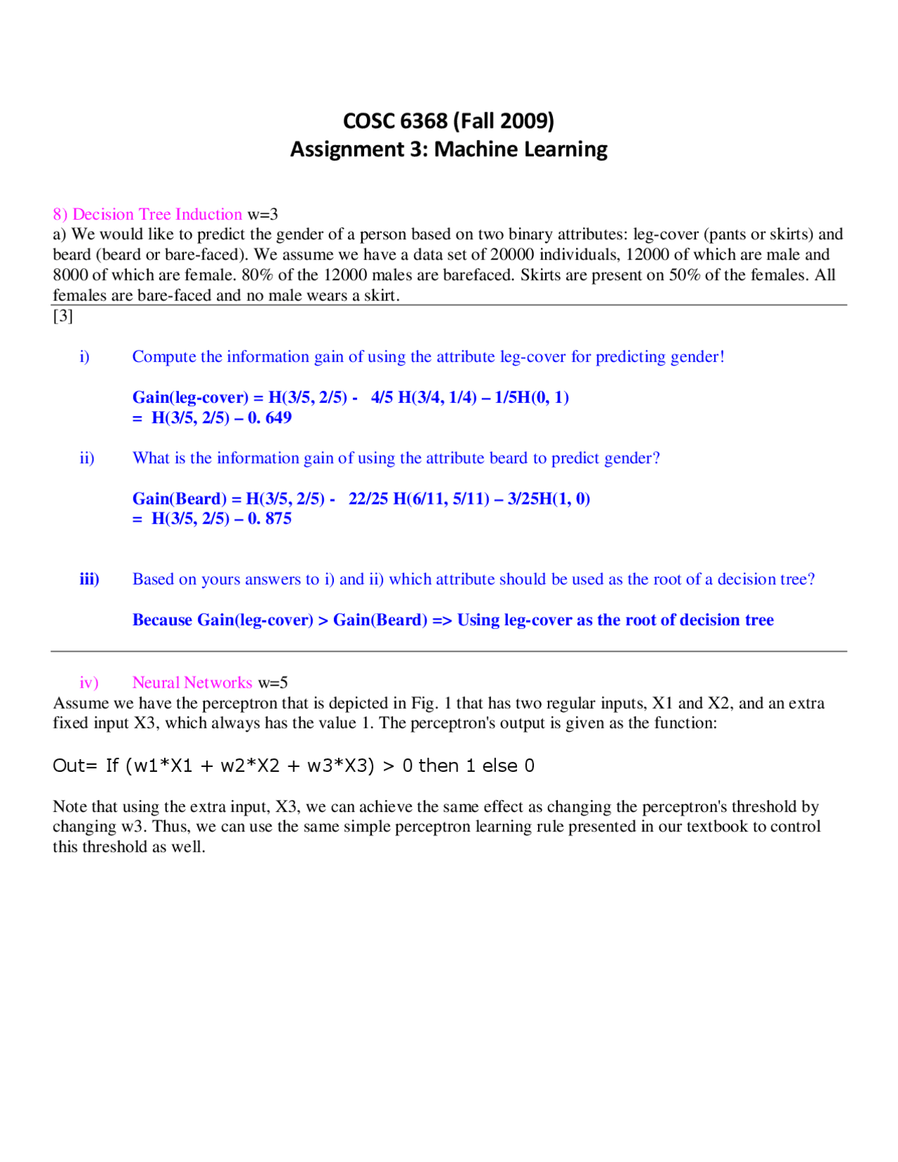 Assignment 3 Machine Learning Artificial Intelligence Cosc 6368