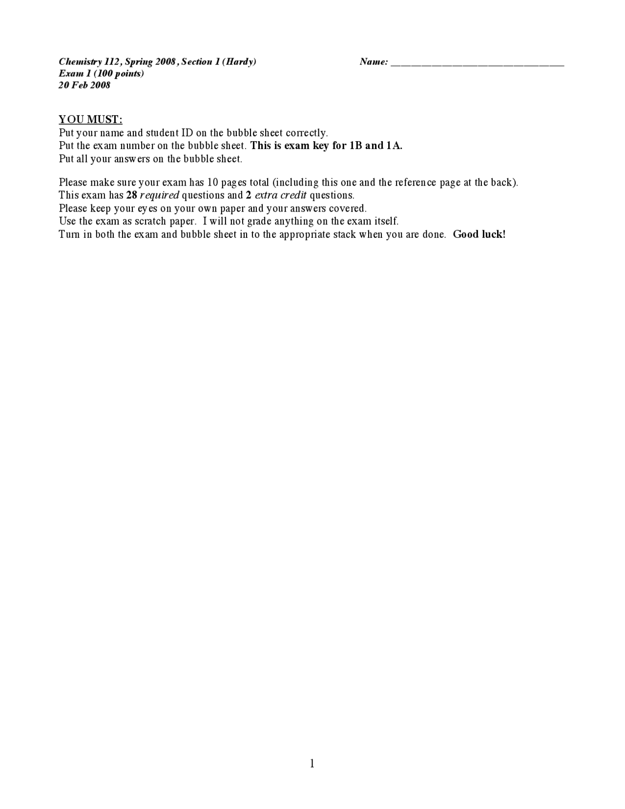 General Chemistry Science Solved Exam 1 Chem 112 Docsity