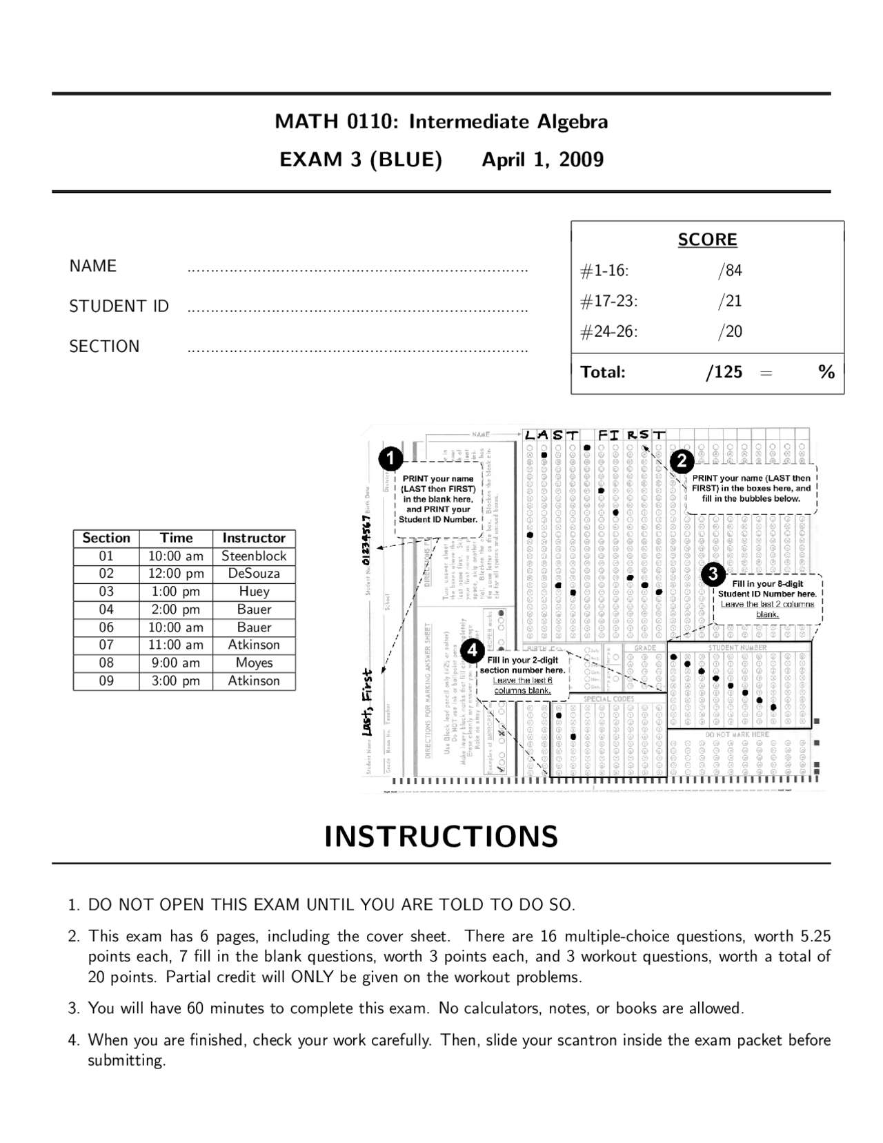 Exam 3 For Intermediate Algebra Math 0110 Docsity