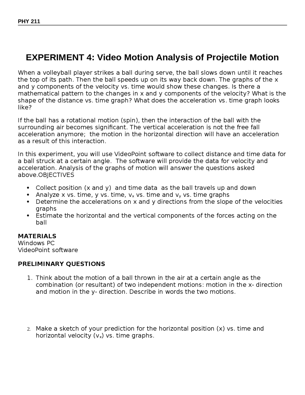 Experiment On The Video Motion Analysis Of Projectile Motion Phy 211