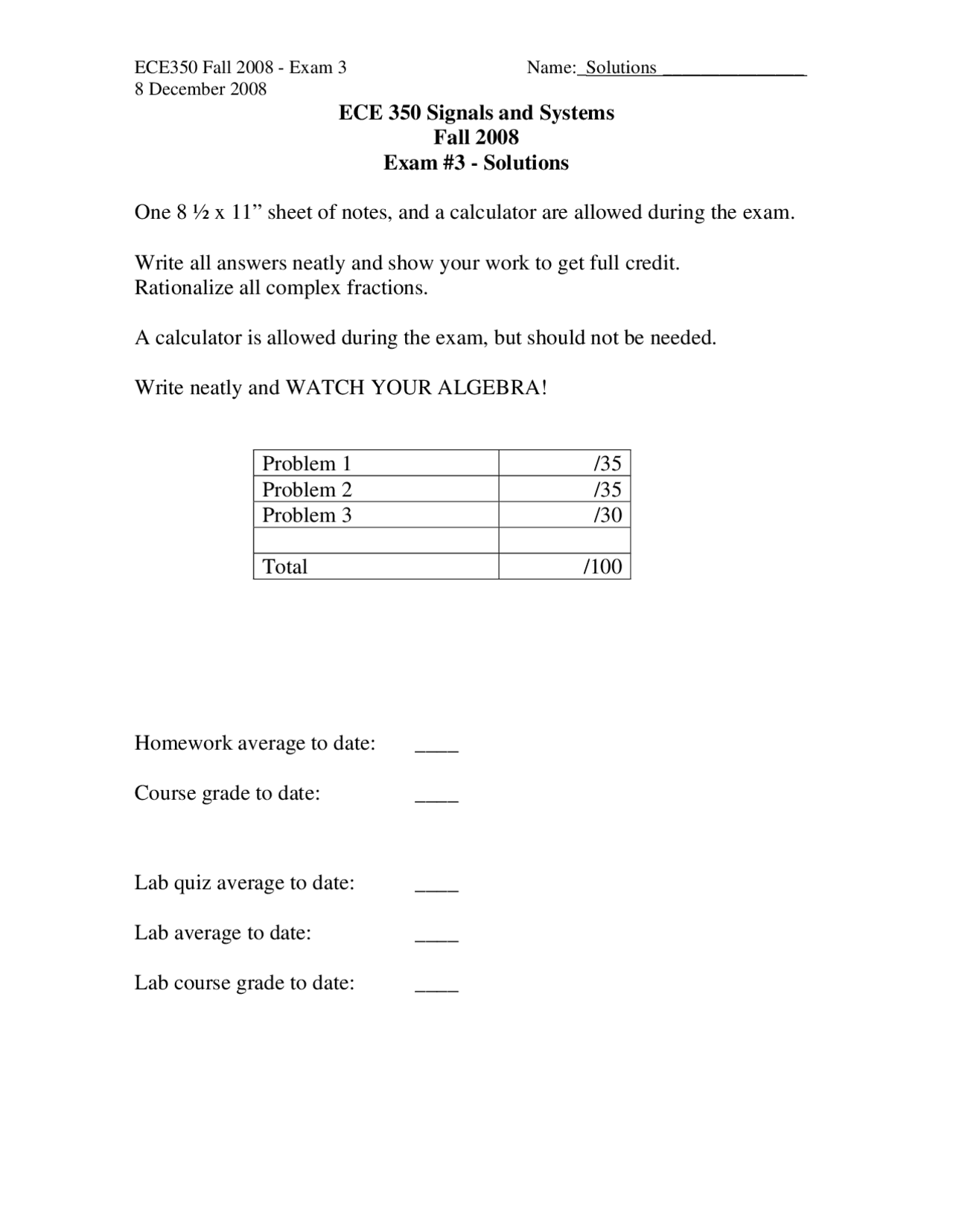 Exam 3 Solutions Signals And Systems Ece 350 Docsity