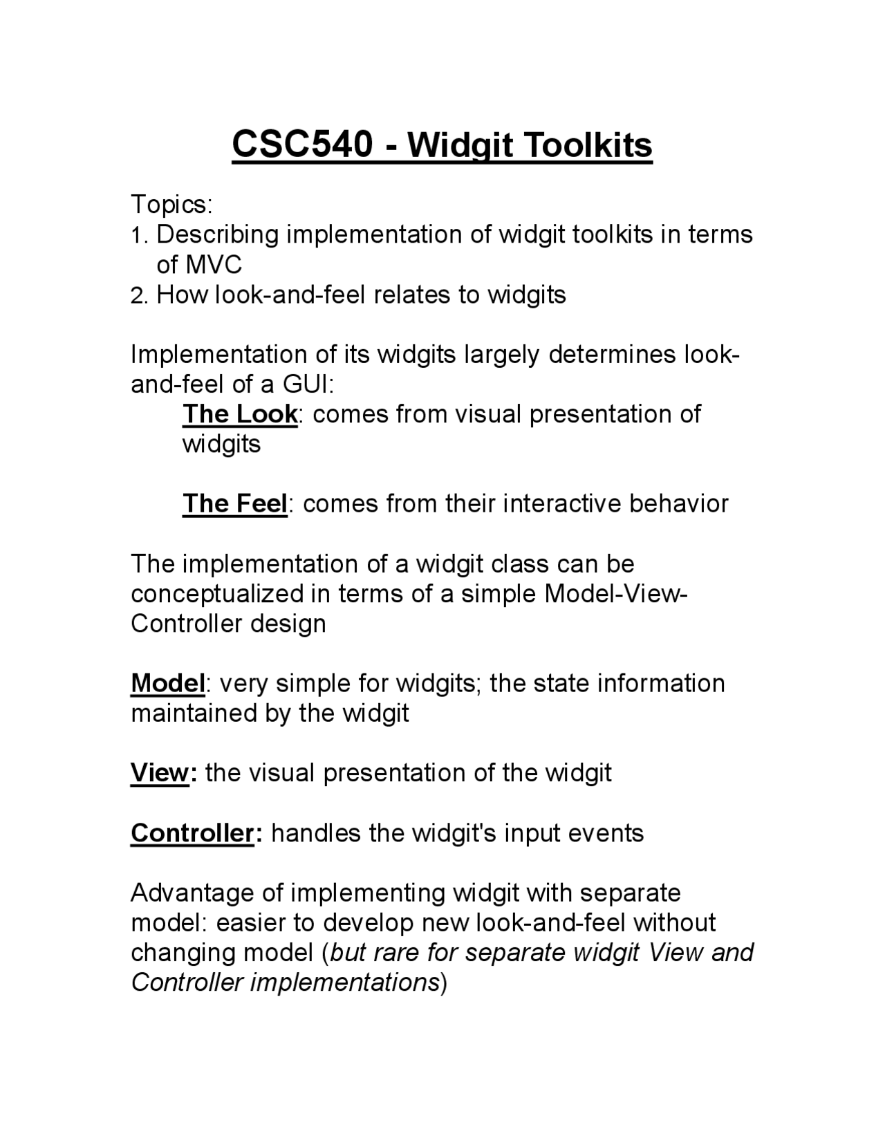 Notes on Widget Toolkits and Implementations | CSC 540 - Docsity