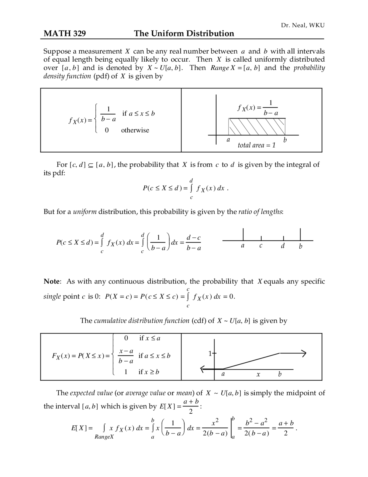 The Uniform Distribution Lecture Notes Math 329 Docsity