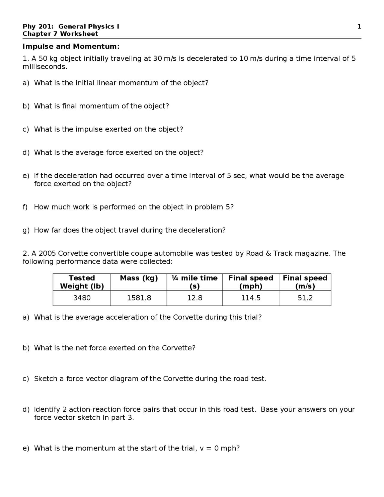 Impulse And Momentum General Physics I Worksheet Phy 201 Docsity