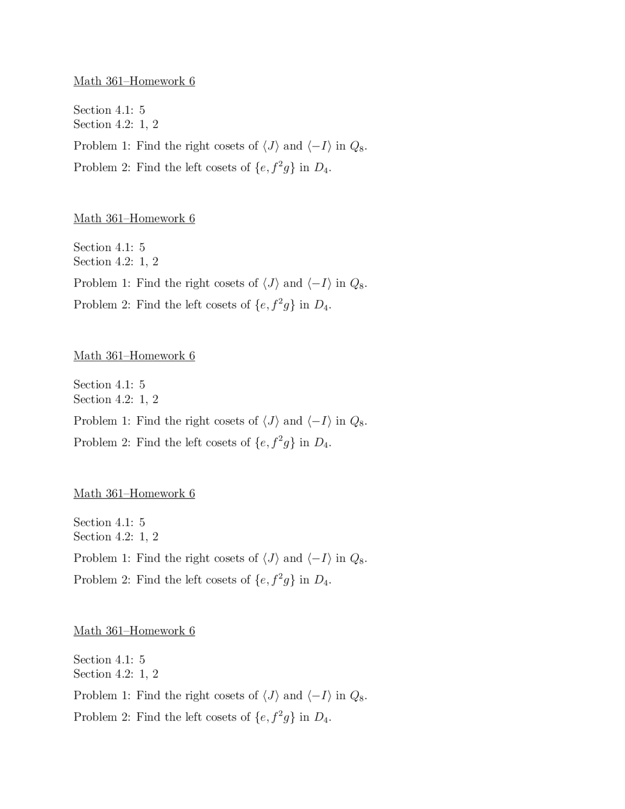 Practice Problems on Modern Algebra I - Homework 6 | MATH 361 | Assignments Algebra | Docsity