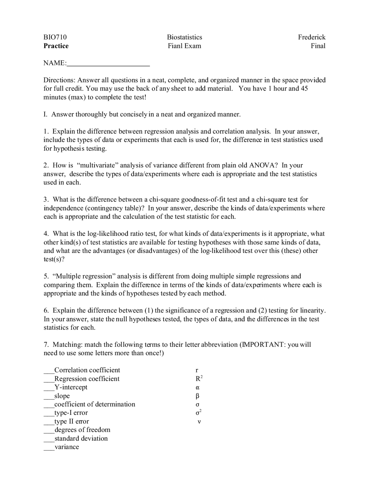 Practice Problems For Final Examination Biostatistics Lab Bio 710