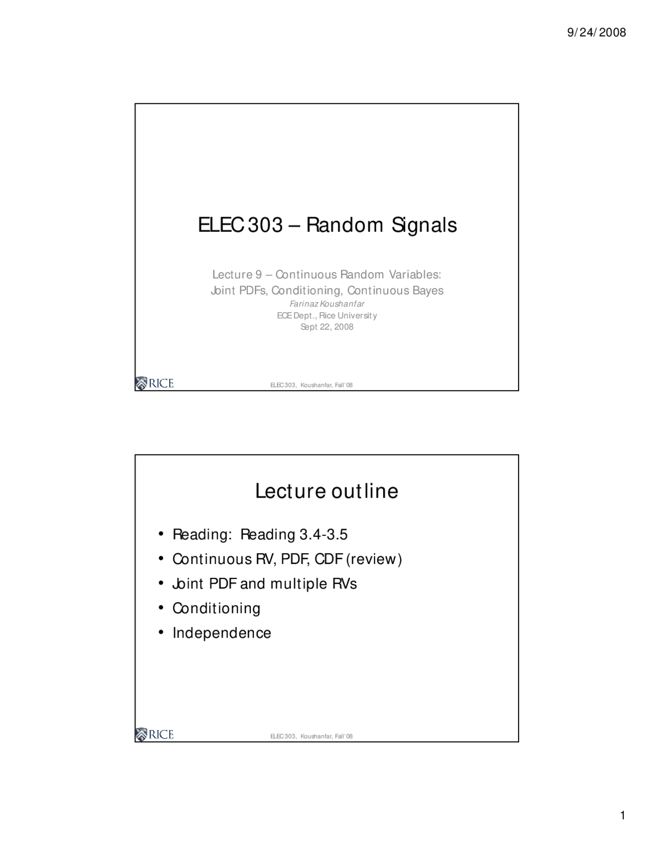 Continuous Random Variables: Joint PDFs, Conditioning, Continuous Bayes | ELEC 303 - Docsity