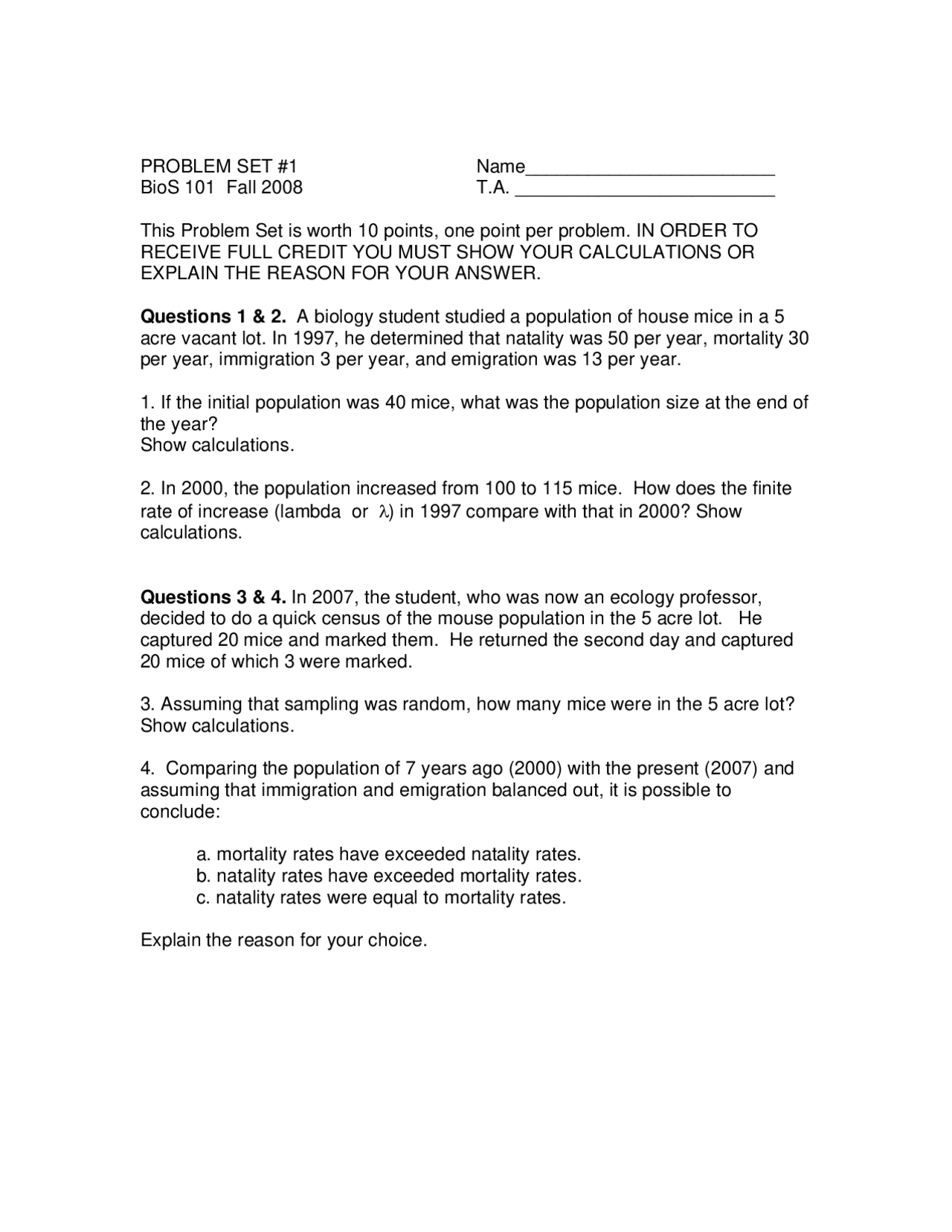 Problem Set 1 Biology Of Populations And Communities Bios 101 Docsity