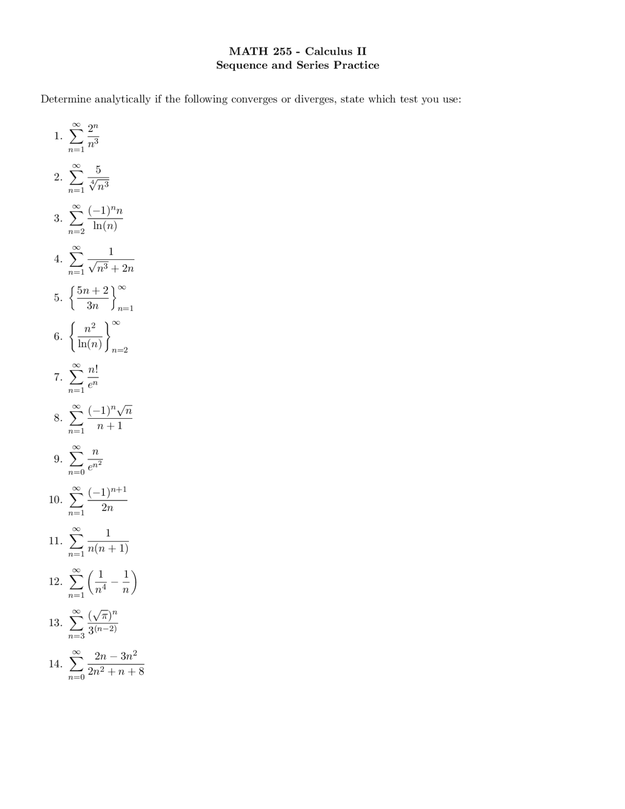 Sequence And Series Practice Test Calculus Ii Math 255 Docsity