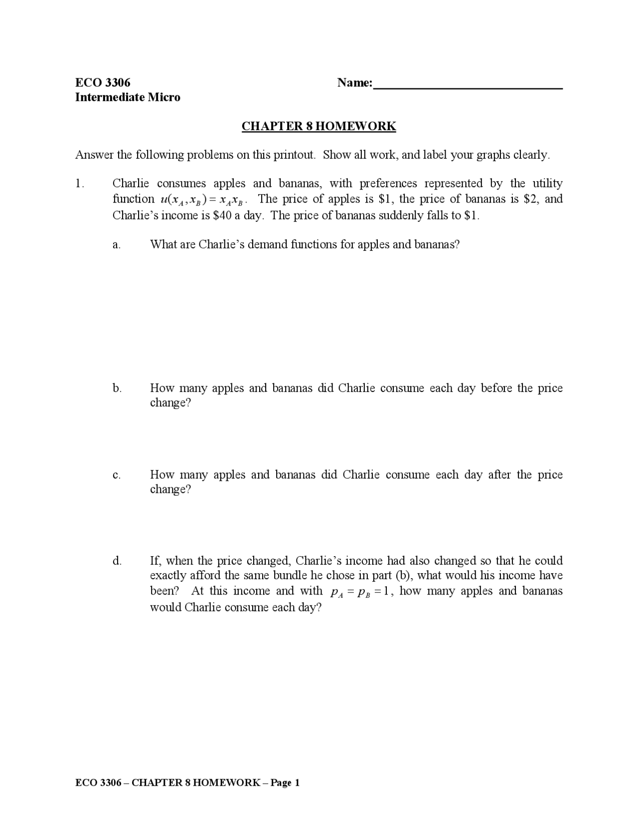 Questions On Intermediate Microeconomic Analysis For Homework Eco