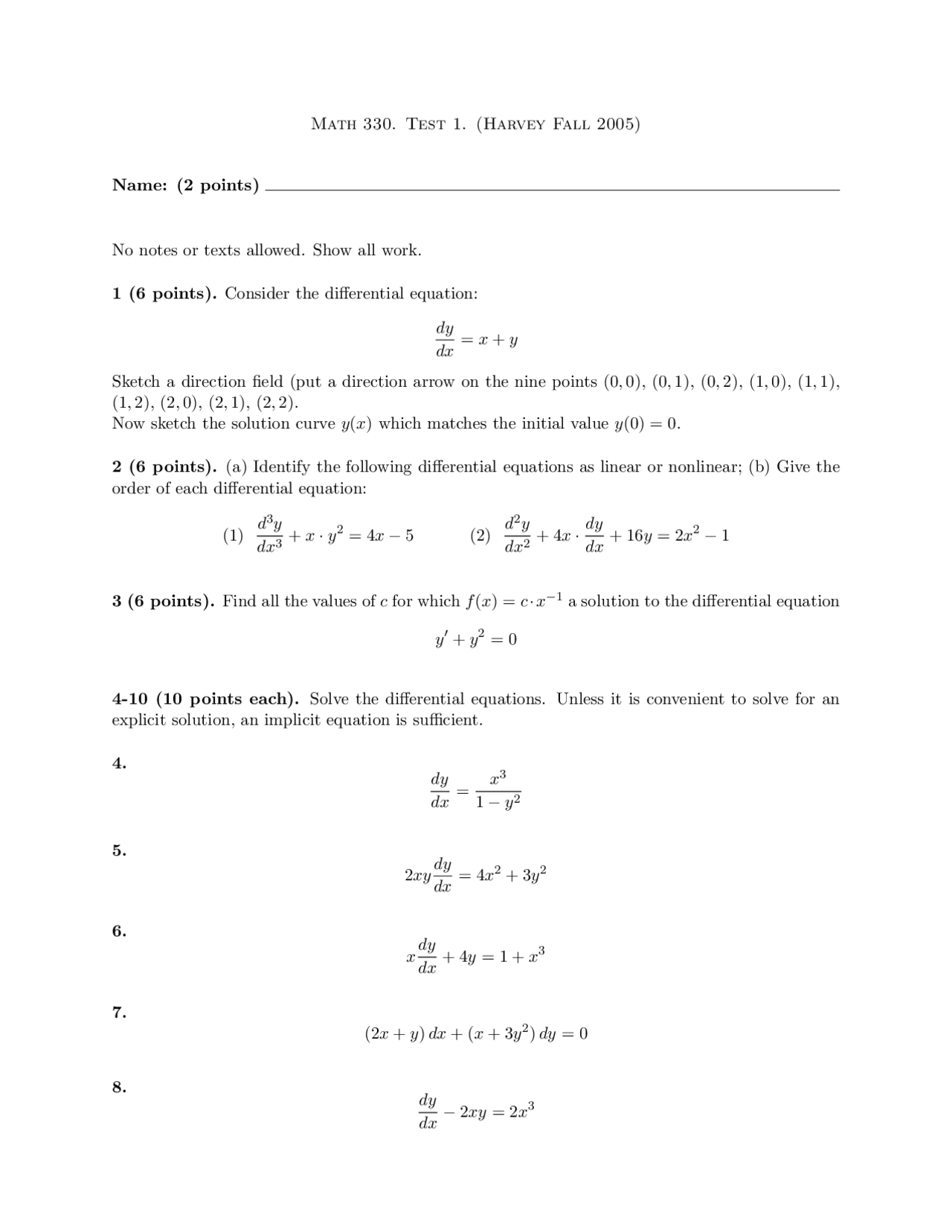Test 1 With Resolutions Differential Equation Math 330 Docsity