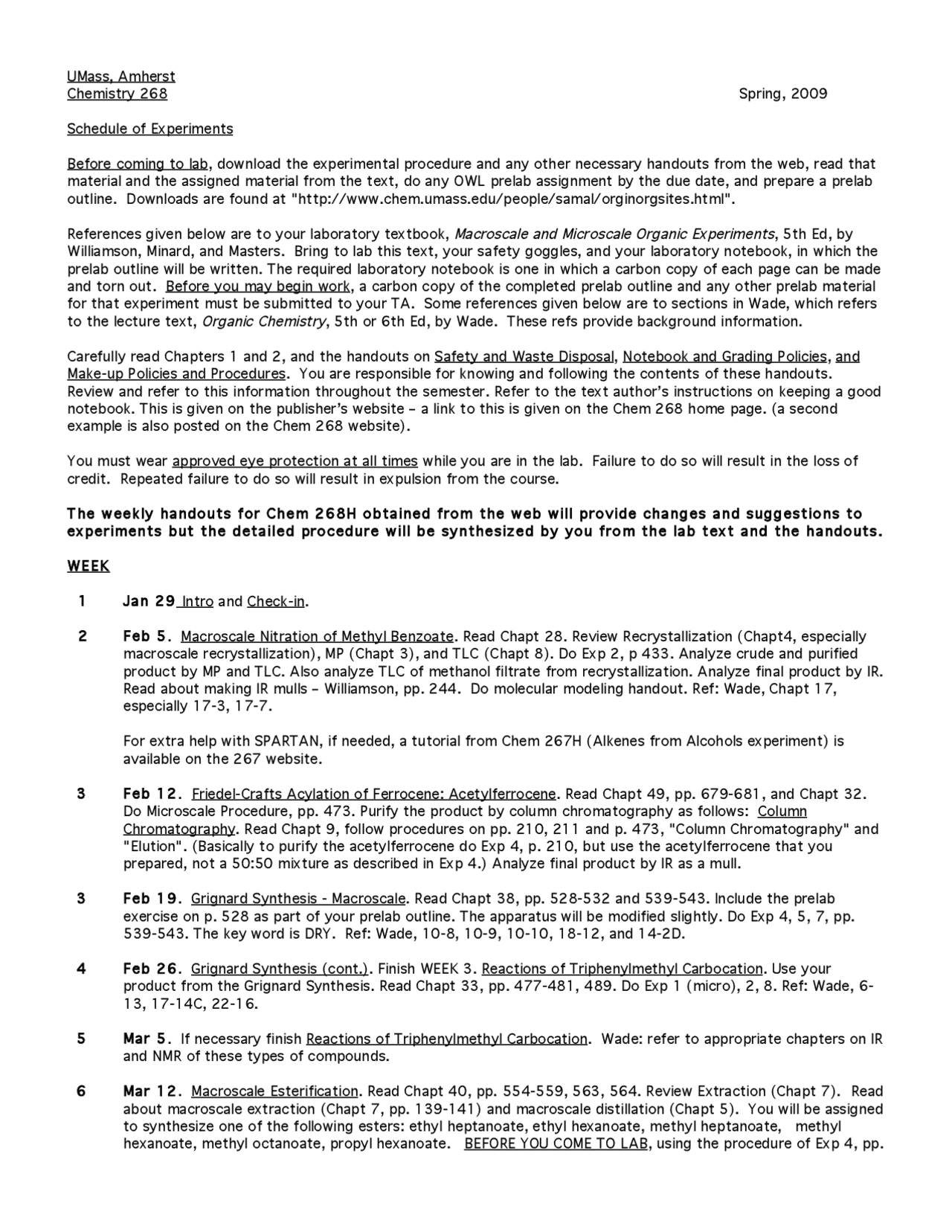 Experiments for Organic Lab-Major | CHEM 268 - Docsity