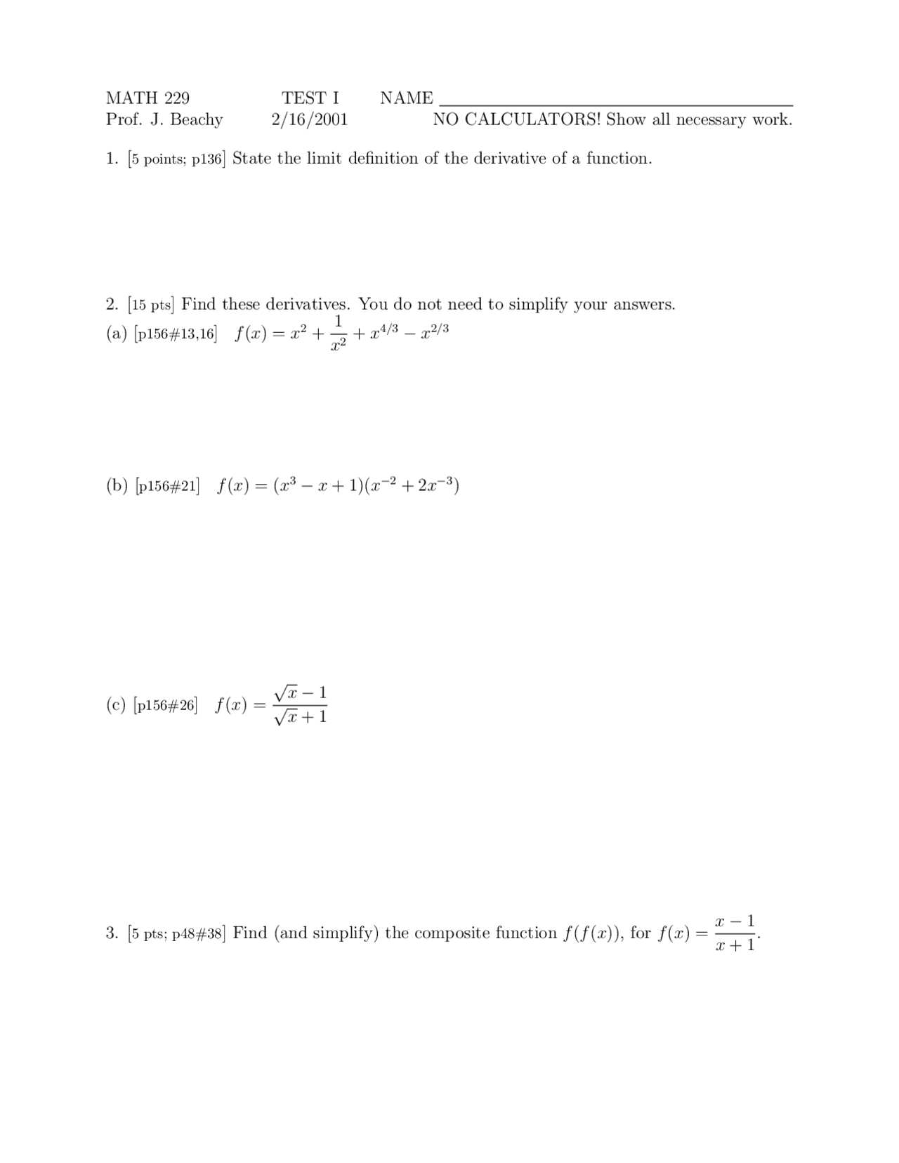 10 Practice Questions for Test 1 - Calculus I | MATH 229 - Docsity